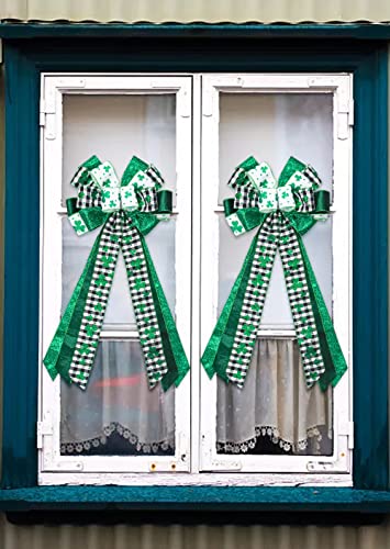 Hying Large St. Patrick's Day Bows for Wreath, Black White Buffalo Plaid Bow Green Shamrock Wreath Bows Holiday Burlap Bow Tree Topper Bows for Front Door Saint Patrick's Day Decorations Supplies