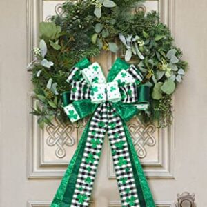 Hying Large St. Patrick's Day Bows for Wreath, Black White Buffalo Plaid Bow Green Shamrock Wreath Bows Holiday Burlap Bow Tree Topper Bows for Front Door Saint Patrick's Day Decorations Supplies