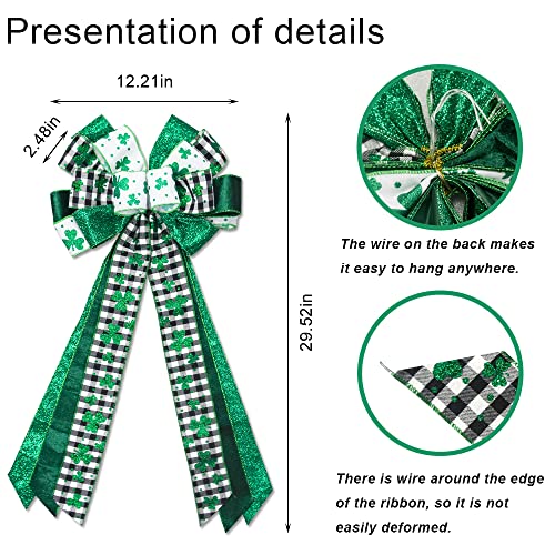 Hying Large St. Patrick's Day Bows for Wreath, Black White Buffalo Plaid Bow Green Shamrock Wreath Bows Holiday Burlap Bow Tree Topper Bows for Front Door Saint Patrick's Day Decorations Supplies