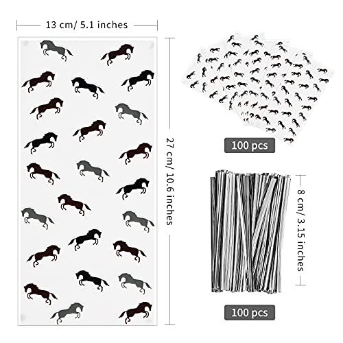 Lecferrarc 100 Pcs Horse Treat Bags Horse Cellophane Candy Bags Horse Racing Plastic Goodie Storage Bags Horse Party Favor Bags with Twist Ties for Cowboy Theme Birthday Party Supplies