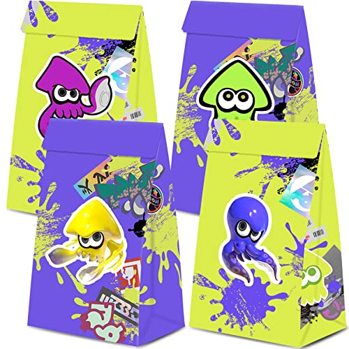 HOMEZZO 24 Pcs Splatoon Party Favor Gift Bags - Slime Candy Bags Goodie Bags with Squid Stickers for Splatoon Party Decorations Slime Party Supplies