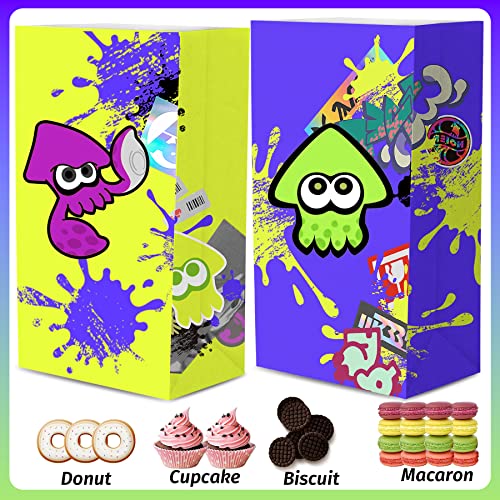 HOMEZZO 24 Pcs Splatoon Party Favor Gift Bags - Slime Candy Bags Goodie Bags with Squid Stickers for Splatoon Party Decorations Slime Party Supplies