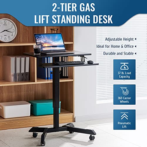 VONLUCE Standing Desk with Keyboard Tray, Mobile Stand Up Computer Desk, Height Adjustable 2 Tier Rolling Laptop & Monitor Stand, 26x18 Compact Home and Office Workstation with Gas Spring Lift, Black