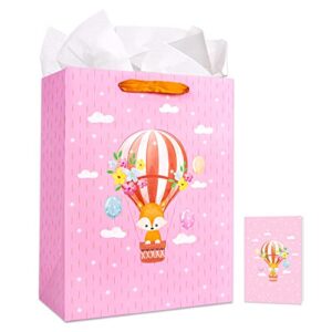 xjf large gift bag for girls with card and tissue paper,13″ pink baby shower birthday gift bags,gift bag for girls kids