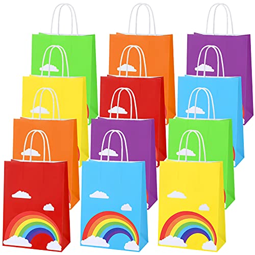 Aodaer 24 Pieces Rainbow Party Treat Bags Craft Gift Bags with Handles Colorful Candy Paper Bags 6.3 x 3.1 x 8.7 Inches for Celebration, Wedding, Birthday