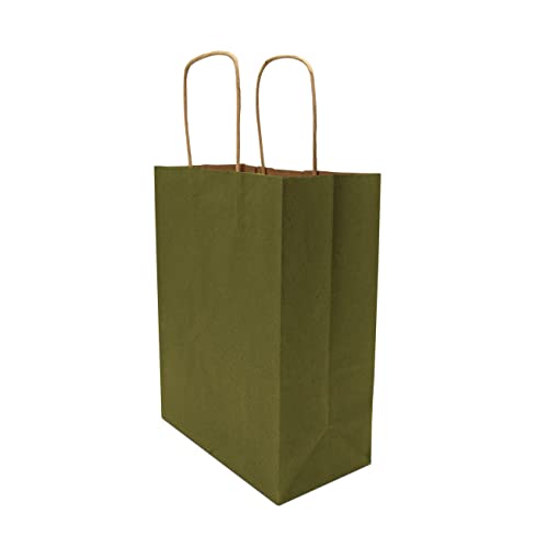 Green Gift Bags – 8x4x10 100 Pack Small Olive Kraft Shopping Bags with Handles, Customizable Craft Paper Euro Tote Bags for Boutique, Retail, Wedding Guests, Holiday, Birthday, Small Business, Bulk