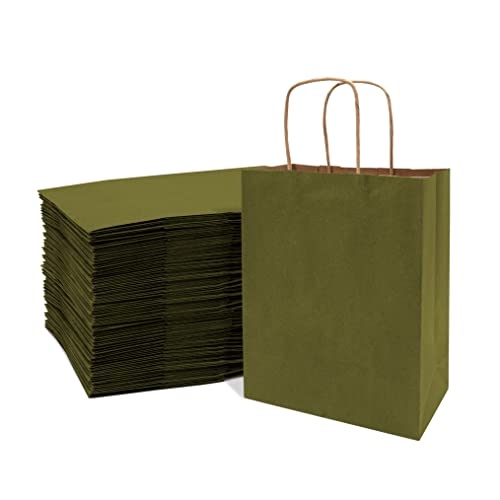 Green Gift Bags – 8x4x10 100 Pack Small Olive Kraft Shopping Bags with Handles, Customizable Craft Paper Euro Tote Bags for Boutique, Retail, Wedding Guests, Holiday, Birthday, Small Business, Bulk