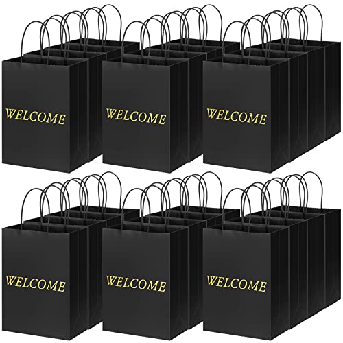 100 Pcs Welcome Gift Bags Bulk, 5.9 x 3.1 x 8.1 Inch Black Kraft Welcome Wedding Bags Welcome Paper Bag with Handles for Wedding Welcome Hotel Guest Bags, Retail Shopping, Birthday Party Supplies