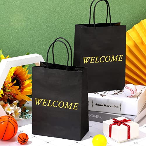 100 Pcs Welcome Gift Bags Bulk, 5.9 x 3.1 x 8.1 Inch Black Kraft Welcome Wedding Bags Welcome Paper Bag with Handles for Wedding Welcome Hotel Guest Bags, Retail Shopping, Birthday Party Supplies