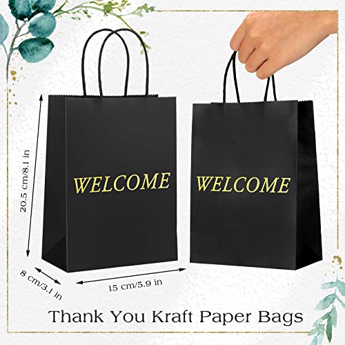 100 Pcs Welcome Gift Bags Bulk, 5.9 x 3.1 x 8.1 Inch Black Kraft Welcome Wedding Bags Welcome Paper Bag with Handles for Wedding Welcome Hotel Guest Bags, Retail Shopping, Birthday Party Supplies