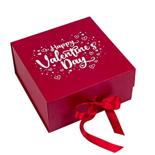 WRAPAHOLIC 1 Pcs 8x8x4 Inches Red Happy Valentine's Day Gift Box with Satin Ribbon, Collapsible Gift Box with Magnetic Closure and 2 Pcs White Tissue Paper, Perfect for Valentine's Day Gift Wrap