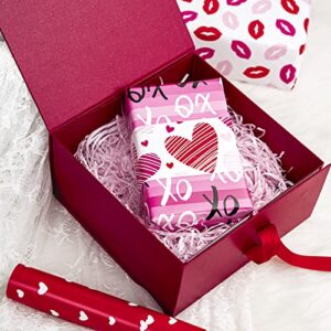 WRAPAHOLIC 1 Pcs 8x8x4 Inches Red Happy Valentine's Day Gift Box with Satin Ribbon, Collapsible Gift Box with Magnetic Closure and 2 Pcs White Tissue Paper, Perfect for Valentine's Day Gift Wrap