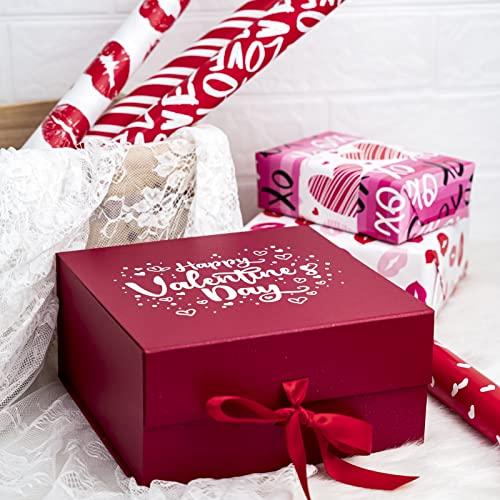 WRAPAHOLIC 1 Pcs 8x8x4 Inches Red Happy Valentine's Day Gift Box with Satin Ribbon, Collapsible Gift Box with Magnetic Closure and 2 Pcs White Tissue Paper, Perfect for Valentine's Day Gift Wrap