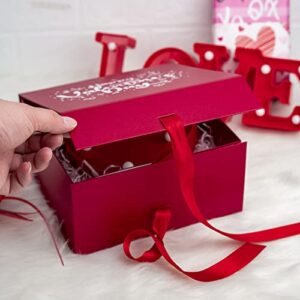 WRAPAHOLIC 1 Pcs 8x8x4 Inches Red Happy Valentine's Day Gift Box with Satin Ribbon, Collapsible Gift Box with Magnetic Closure and 2 Pcs White Tissue Paper, Perfect for Valentine's Day Gift Wrap