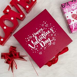 WRAPAHOLIC 1 Pcs 8x8x4 Inches Red Happy Valentine's Day Gift Box with Satin Ribbon, Collapsible Gift Box with Magnetic Closure and 2 Pcs White Tissue Paper, Perfect for Valentine's Day Gift Wrap