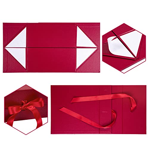 WRAPAHOLIC 1 Pcs 8x8x4 Inches Red Happy Valentine's Day Gift Box with Satin Ribbon, Collapsible Gift Box with Magnetic Closure and 2 Pcs White Tissue Paper, Perfect for Valentine's Day Gift Wrap