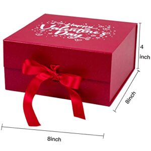 WRAPAHOLIC 1 Pcs 8x8x4 Inches Red Happy Valentine's Day Gift Box with Satin Ribbon, Collapsible Gift Box with Magnetic Closure and 2 Pcs White Tissue Paper, Perfect for Valentine's Day Gift Wrap