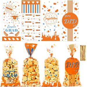 100pcs graduation party decorations cellophane bags – graduation gifts cellophane treat bags with ties, 11″x5″ graduation decor clear cellophane bags for graduation party decorations supplies (orange)