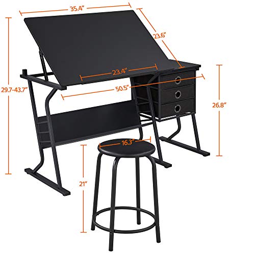 Yaheetech Drafting Table for Adults/Artists, Drawing Desk, Tabletop Adjustable Art/Craft Desk with Stool and 3 Slide Drawers, Sketching Painting Artwork Station for Art Studio Home Office School