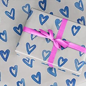 Blue Watercolor Hearts on White Gift Wrapping Paper - 24"x10'