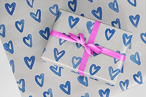 Blue Watercolor Hearts on White Gift Wrapping Paper - 24"x10'