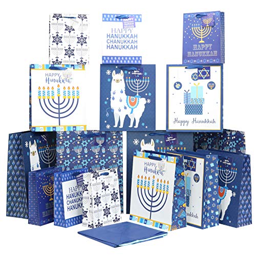 Iconikal Hanukkah Gift Bag Set, 16 Bags 3 Sizes, 32 Sheets of Tissue Paper