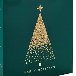 Hallmark Signature 7" Medium Christmas Gift Bag with Tissue Paper (Hunter Green and Gold Tree, "Happy Holidays") with Foil, Glitter, Metal Handle