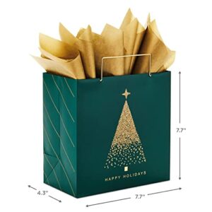 Hallmark Signature 7" Medium Christmas Gift Bag with Tissue Paper (Hunter Green and Gold Tree, "Happy Holidays") with Foil, Glitter, Metal Handle