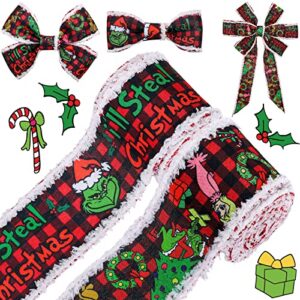 whaline christmas wired edge ribbon with white burr red black buffalo plaids cartoon character craft ribbon xmas green red decorative ribbon for gift wrapping diy floral arrangement bow, 2.5″, 2 roll