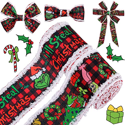 Whaline Christmas Wired Edge Ribbon with White Burr Red Black Buffalo Plaids Cartoon Character Craft Ribbon Xmas Green Red Decorative Ribbon for Gift Wrapping DIY Floral Arrangement Bow, 2.5", 2 Roll