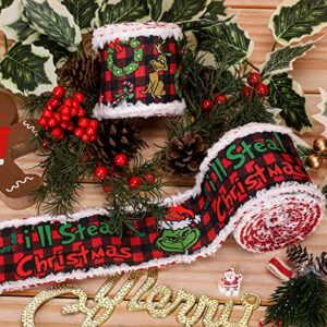 Whaline Christmas Wired Edge Ribbon with White Burr Red Black Buffalo Plaids Cartoon Character Craft Ribbon Xmas Green Red Decorative Ribbon for Gift Wrapping DIY Floral Arrangement Bow, 2.5", 2 Roll