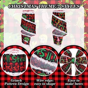 Whaline Christmas Wired Edge Ribbon with White Burr Red Black Buffalo Plaids Cartoon Character Craft Ribbon Xmas Green Red Decorative Ribbon for Gift Wrapping DIY Floral Arrangement Bow, 2.5", 2 Roll