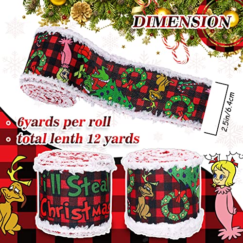 Whaline Christmas Wired Edge Ribbon with White Burr Red Black Buffalo Plaids Cartoon Character Craft Ribbon Xmas Green Red Decorative Ribbon for Gift Wrapping DIY Floral Arrangement Bow, 2.5", 2 Roll