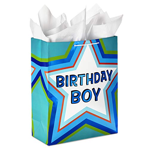 Hallmark 15" Extra Large Birthday Gift Bag with Tissue Paper ("Birthday Boy" Green and Blue Star)