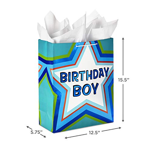 Hallmark 15" Extra Large Birthday Gift Bag with Tissue Paper ("Birthday Boy" Green and Blue Star)