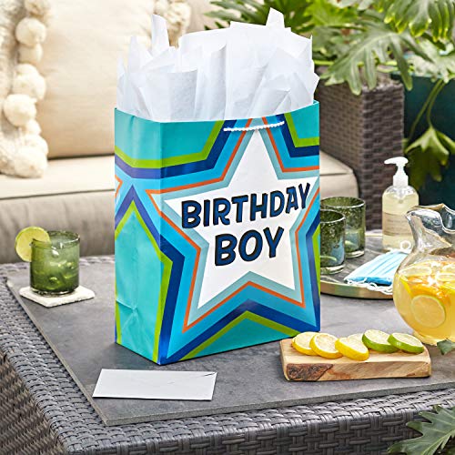 Hallmark 15" Extra Large Birthday Gift Bag with Tissue Paper ("Birthday Boy" Green and Blue Star)