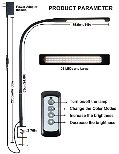 LiFMIRA LED Desk Lamp with Clamp 30min Timer 30 Lighting Modes Eye Caring 108 LEDs Architect Task Lamp Long Flexible Gooseneck Clamp Lamps for Home Office Dorm with 12W Adapter & 87.8in Cord