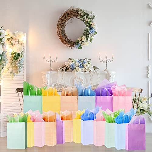 Larcenciel 12 Pcs Gift Bags with Tissue Paper, 6 Colors Paper Bags with Handles, Rainbow Party Favor Bags Candy Bags Treat Bags Goodie Bags for Party, Gift Wraps, Birthday, Wedding,Baby Shower (Small)