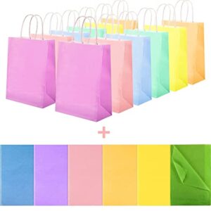 Larcenciel 12 Pcs Gift Bags with Tissue Paper, 6 Colors Paper Bags with Handles, Rainbow Party Favor Bags Candy Bags Treat Bags Goodie Bags for Party, Gift Wraps, Birthday, Wedding,Baby Shower (Small)