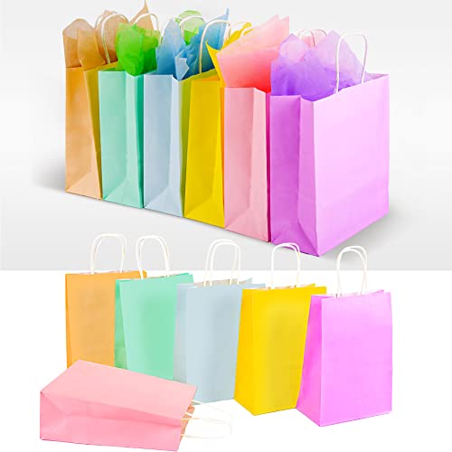 Larcenciel 12 Pcs Gift Bags with Tissue Paper, 6 Colors Paper Bags with Handles, Rainbow Party Favor Bags Candy Bags Treat Bags Goodie Bags for Party, Gift Wraps, Birthday, Wedding,Baby Shower (Small)