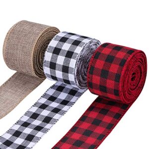 3 rolls wired plaid ribbons,3×10 yards,2 inch black red plaid ribbon,black white buffalo plaid ribbon and burlap craft ribbon for diy gift wrapping, holiday decorations