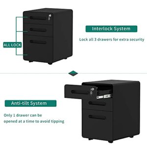 YITAHOME 3-Drawer Rolling File Cabinet, Metal Mobile File Cabinet with Lock, Filing Cabinet Under Desk fits Legal/Letter/A4 Size for Home/Office, Fully Assembled-Black