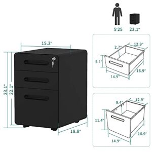 YITAHOME 3-Drawer Rolling File Cabinet, Metal Mobile File Cabinet with Lock, Filing Cabinet Under Desk fits Legal/Letter/A4 Size for Home/Office, Fully Assembled-Black