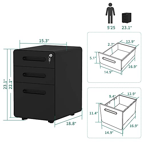 YITAHOME 3-Drawer Rolling File Cabinet, Metal Mobile File Cabinet with Lock, Filing Cabinet Under Desk fits Legal/Letter/A4 Size for Home/Office, Fully Assembled-Black