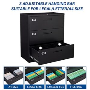 Fesbos Lateral File Cabinet with Lock, 3 Drawer Large Metal Filing Cabinet,Home Office Lockable Storage Cabinet for Hanging Files Letter/Legal/F4/A4 Size-Assembly Required