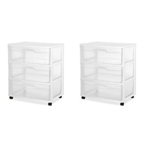 sterilite 29308001 home 3 drawer wide storage cart portable clear container with adjustable casters for home organization and storage, (2 pack)