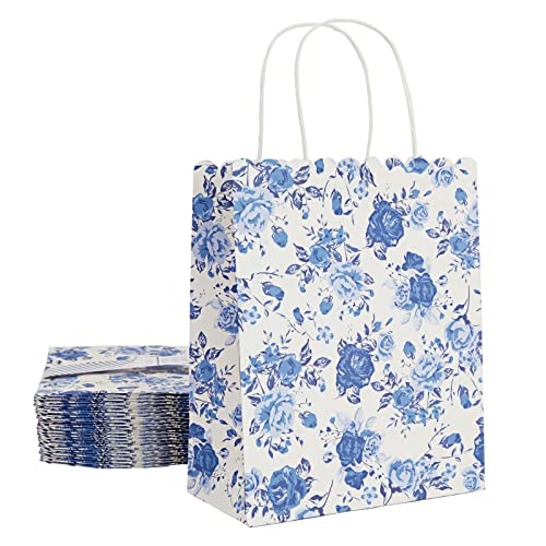 Sparkle and Bash 24 Pack Floral Gift Bags with Handles, Medium Size, All Occasion Blue Rose Flowers (10 x 8 x 4 In)