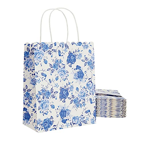 Sparkle and Bash 24 Pack Floral Gift Bags with Handles, Medium Size, All Occasion Blue Rose Flowers (10 x 8 x 4 In)