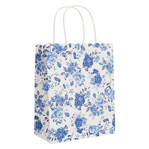 Sparkle and Bash 24 Pack Floral Gift Bags with Handles, Medium Size, All Occasion Blue Rose Flowers (10 x 8 x 4 In)