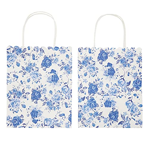 Sparkle and Bash 24 Pack Floral Gift Bags with Handles, Medium Size, All Occasion Blue Rose Flowers (10 x 8 x 4 In)